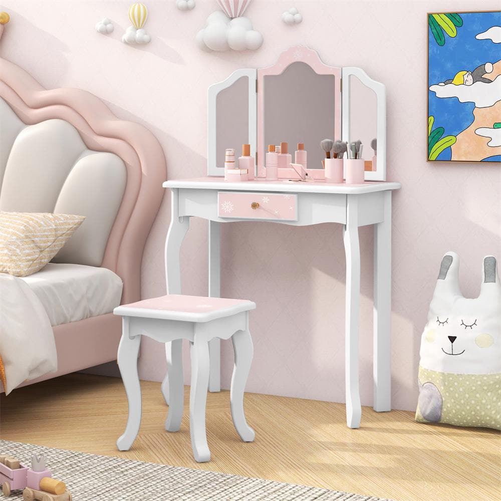 HONEY JOY 2-Piece Wood Top Pink Kids Vanity Table Set Princess Makeup ...