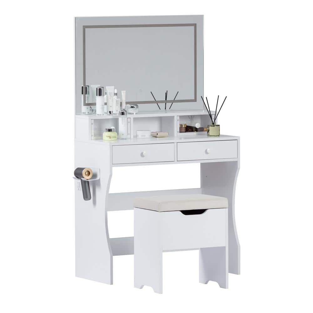VECELO Vanity Set with 4-Drawers, 2-Piece White Makeup Vanity Set with ...