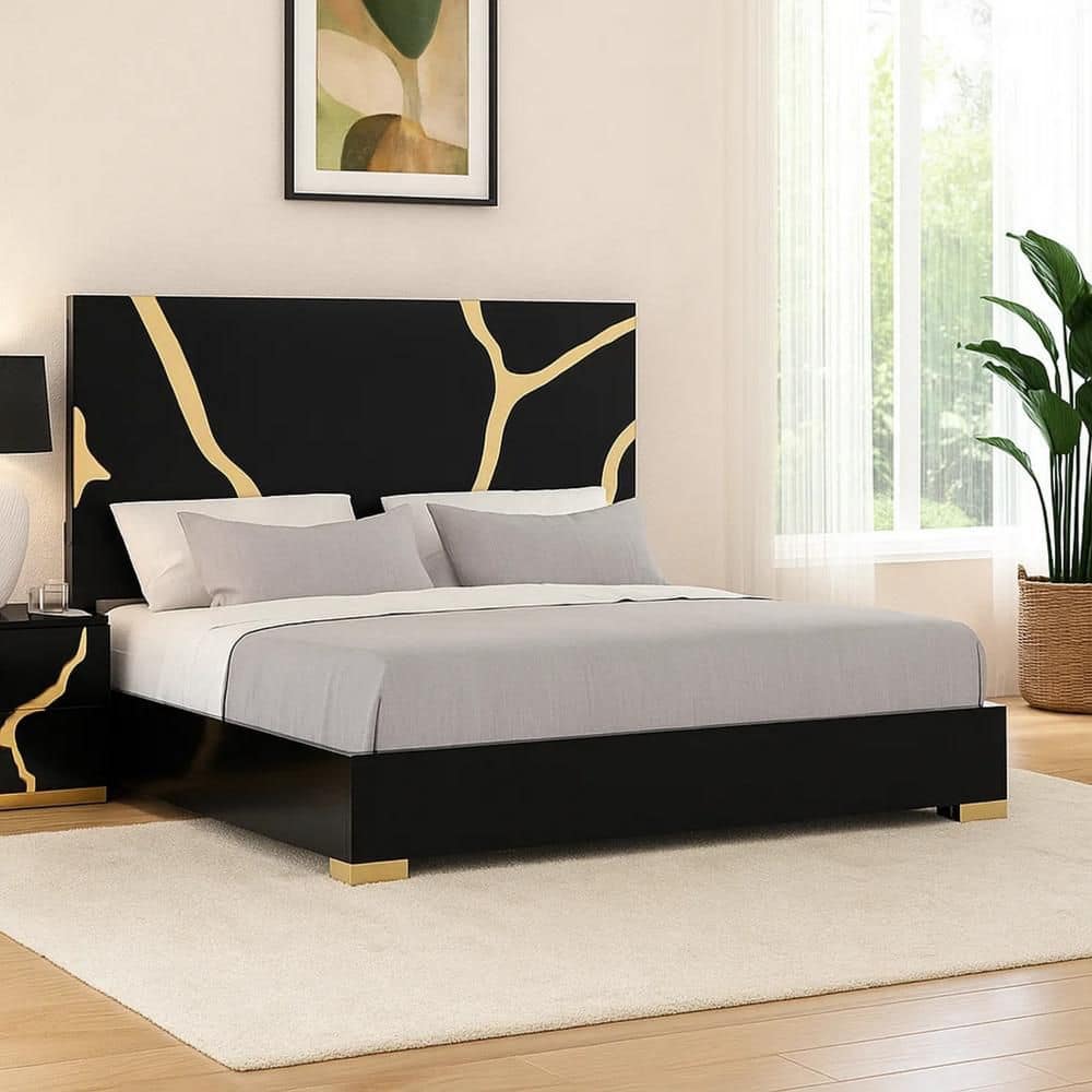 Benjara Goldie Black and Gold Wood Frame Queen Panel Bed with ...