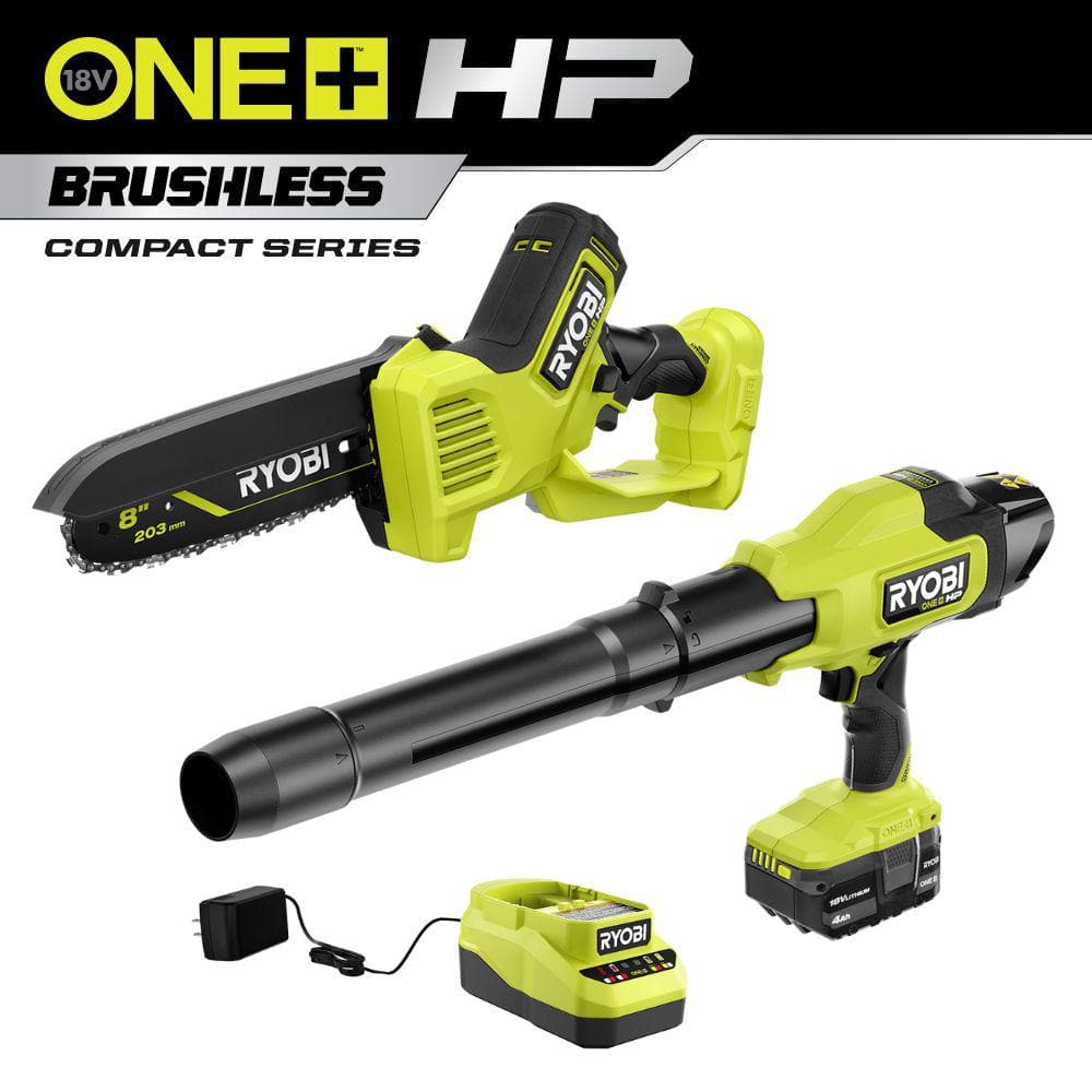 RYOBI ONE+ HP 18V Brushless 220 CFM 140 MPH Blower & 18V Brushless 8 in ...