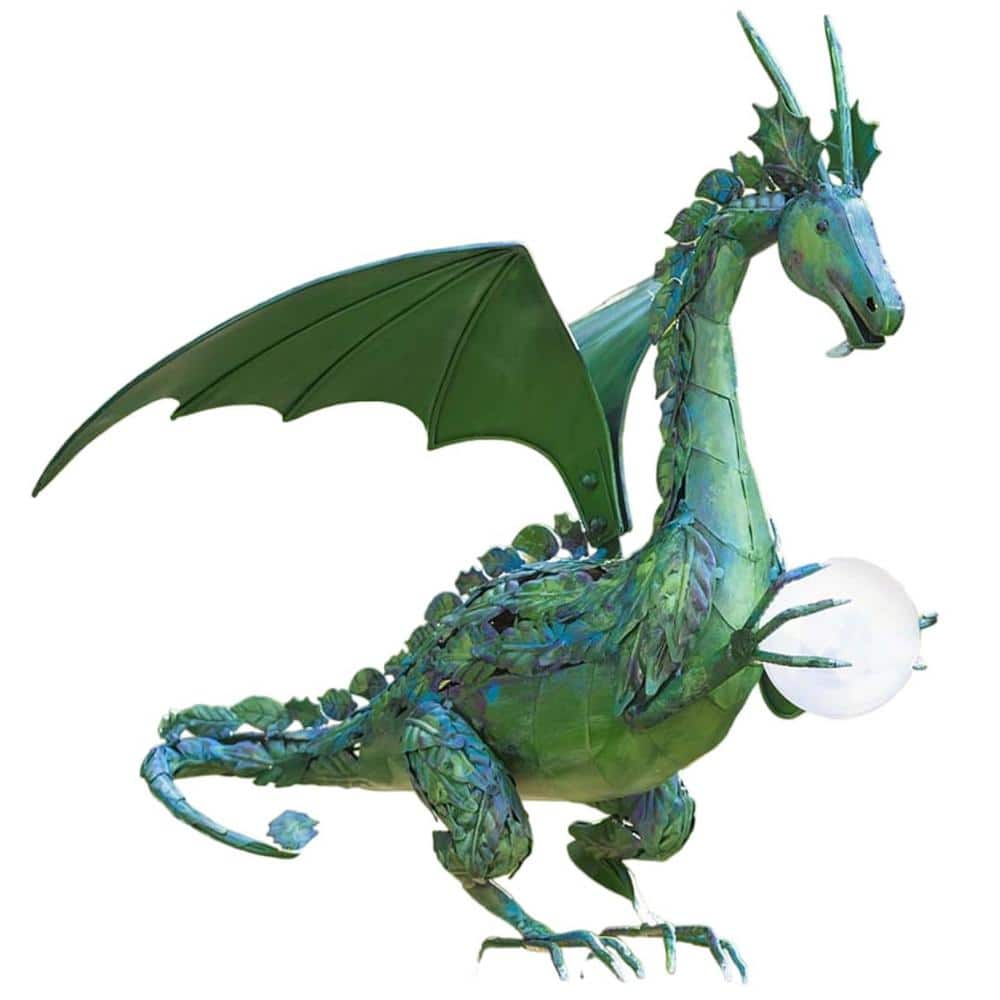 Evergreen Enterprises Green Metal Dragon with Solar Pearl Garden Statue ...