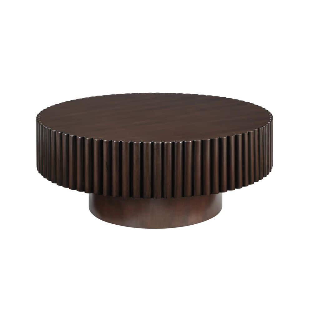 32 in. Espresso Round Wood Coffee Table, Fluted Drum Tea Table, Retro ...