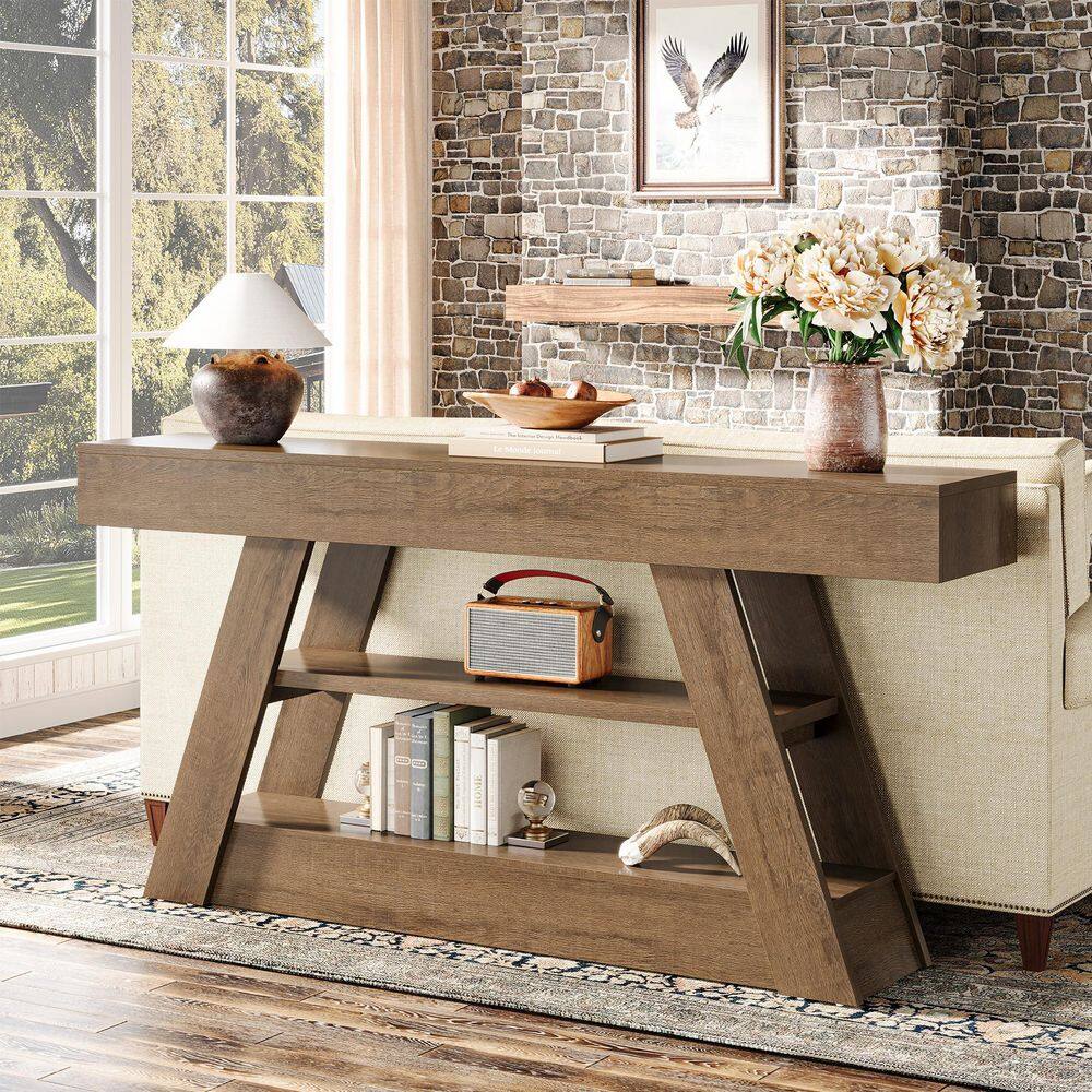 BYBLIGHT Turrella 63 in. Brown Rectangle Wood Console Table Long ...