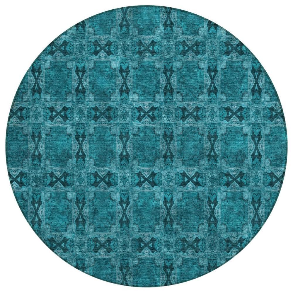 HomeRoots Teal 8 ft. Round Woven Floral;Medallion Round Indoor/Outdoor ...