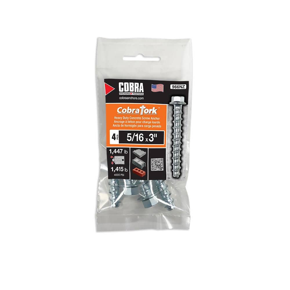 Cobra Anchors Cobra Tork 5/16 in. x 3 in. Zinc Plated Concrete Screw Anchors (4-Pack) 966NZ ...
