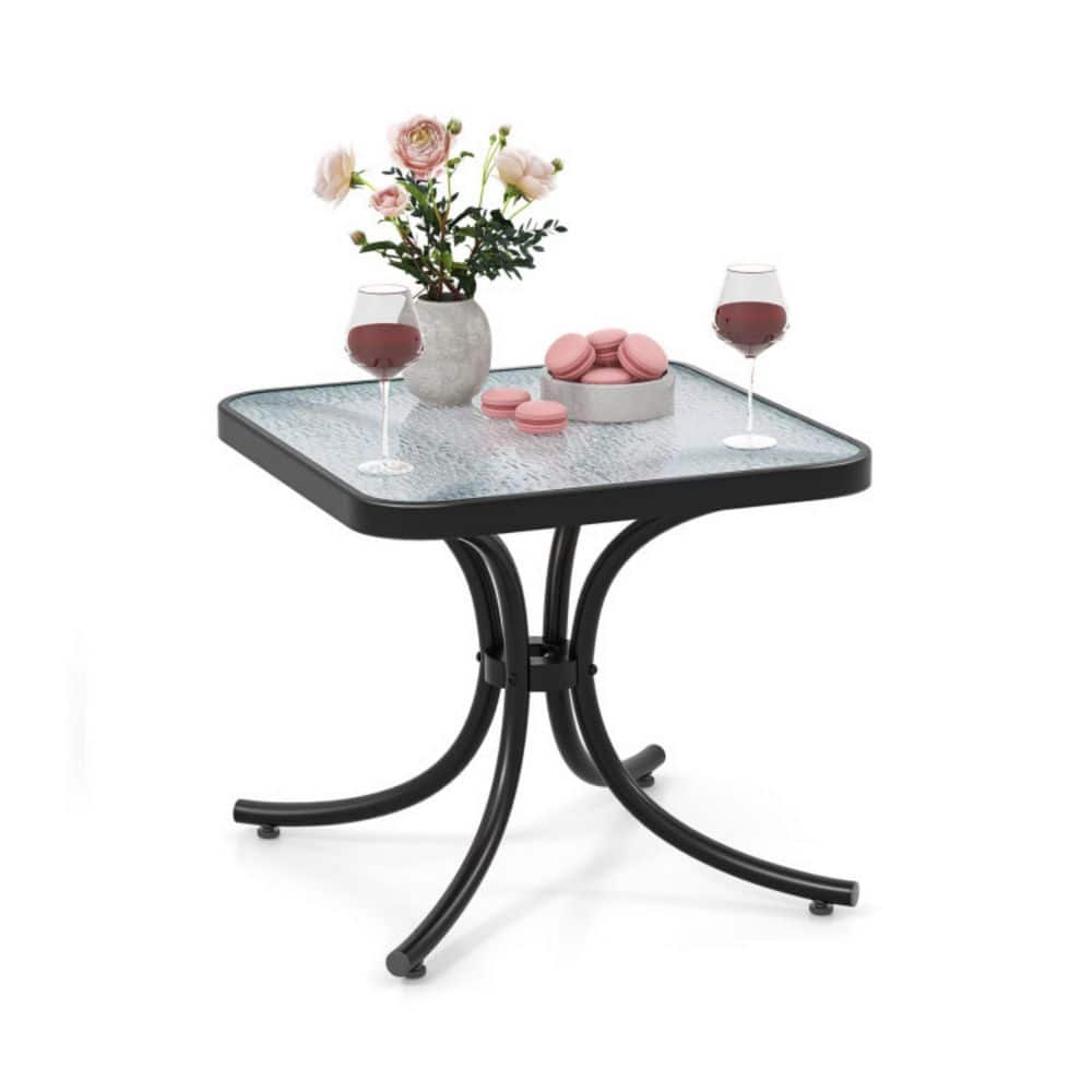 Kadehome 20 in. W Black Square Outdoor Side Table Tempered Glass Top ...