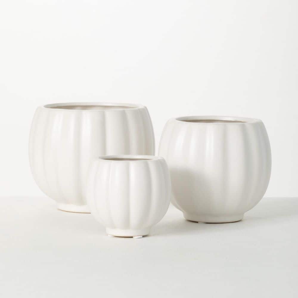 SULLIVANS 5.25", 5", and 3.5" Ribbed White Round Ceramic Planter (Set ...