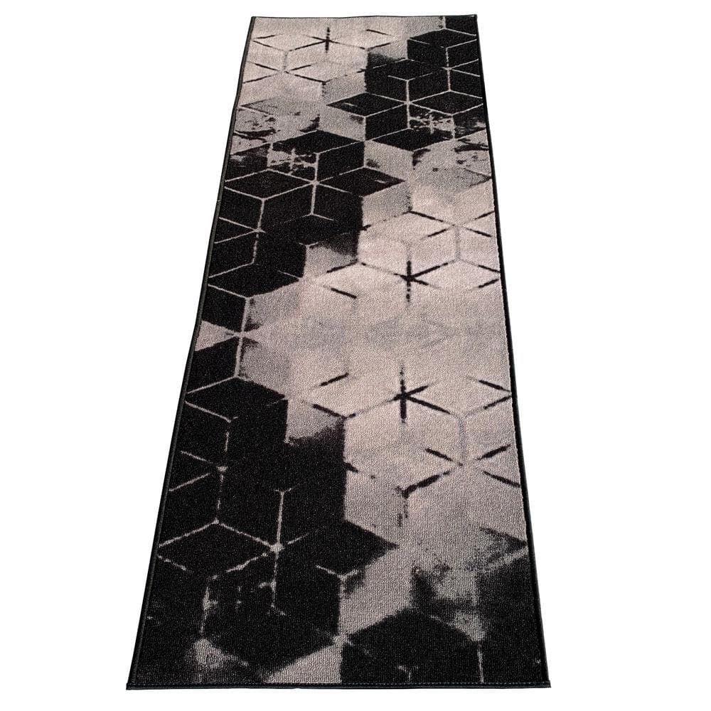 PLAYA RUG Cubes Abstract Black 26 in. W x 50 ft. L RunnerRug/Stair ...
