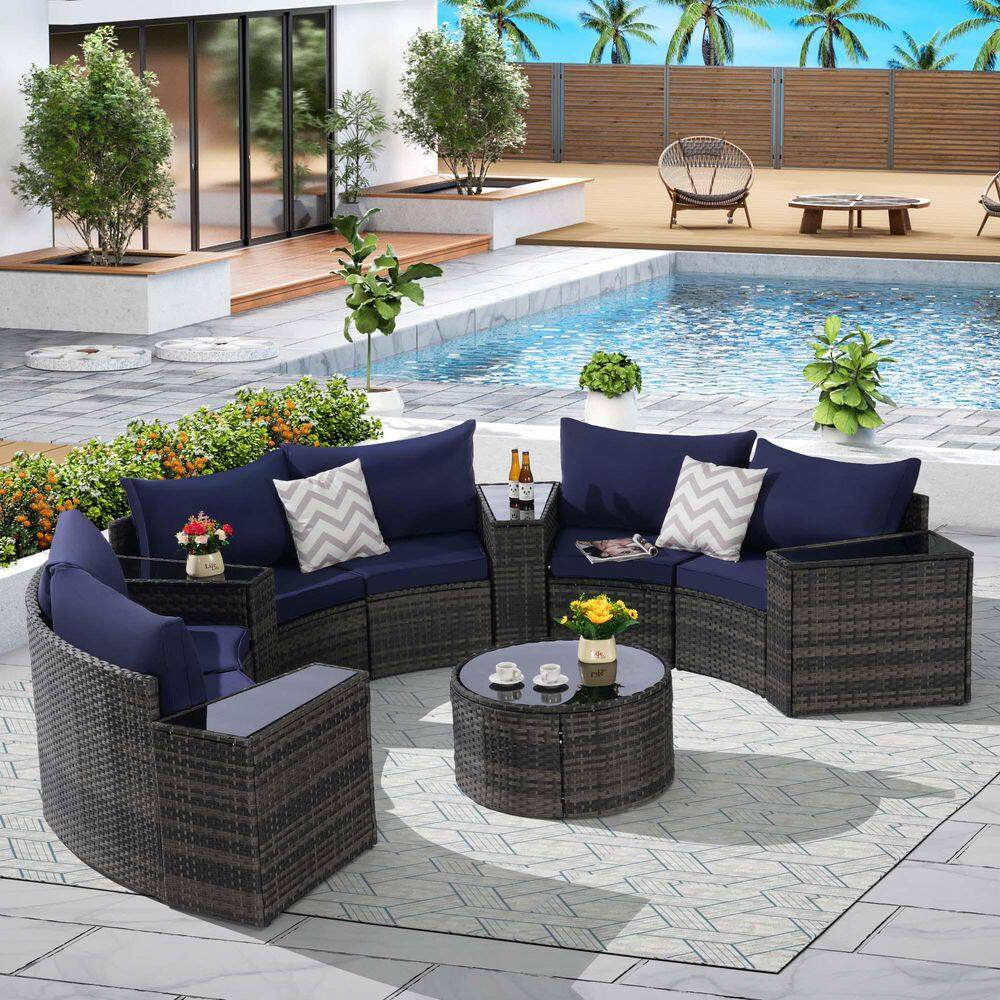 Zeus & Ruta 11-Piece Gray Wicker Half-Moon Outdoor Sectional Sofa Set ...