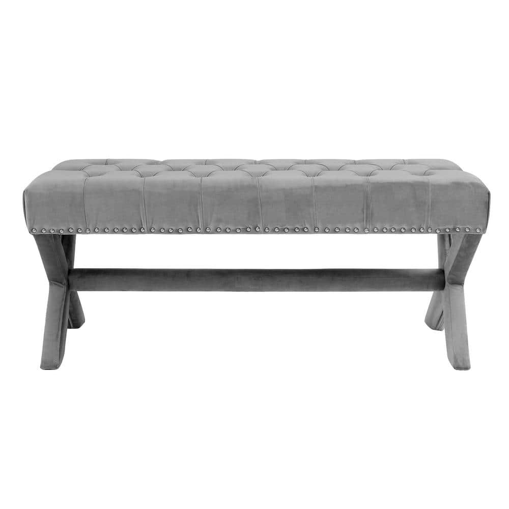 HomeRoots Amelia Gray 45.27 in. Velvet Bedroom Bench Backless ...