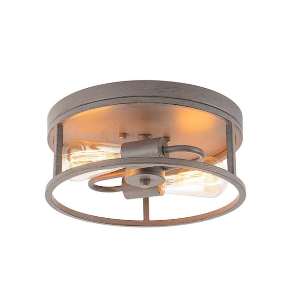 HUOKU Lumin 2-Light 12-in.W Distressed Gray Industrial Flush-Mount ...