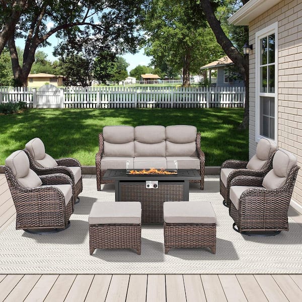 Opohoro Arcadia Brown 8-Piece Wicker Outdoor Patio Fire Pit Deep ...