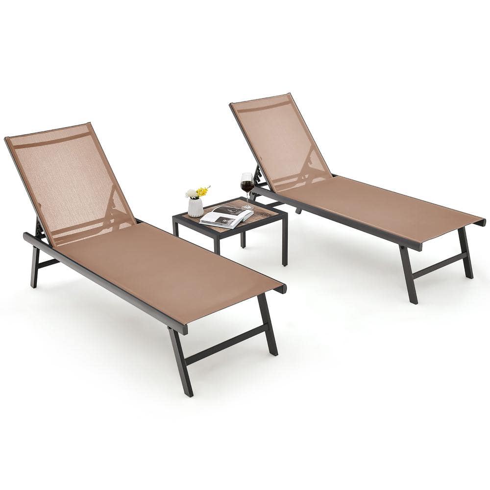 Gymax Patio Chaise Lounge Set Brown Aluminum Frame Recliner Chair Table ...