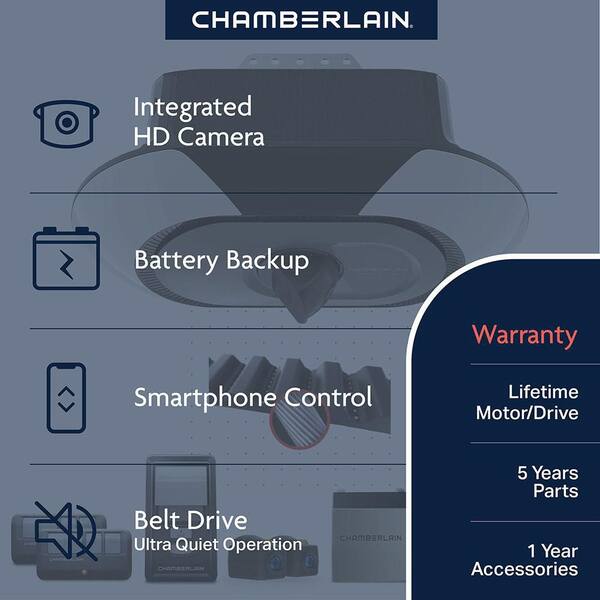 Chamberlain Secure View 1-1/4 HP LED Quiet Belt Drive Smart Garage Door ...