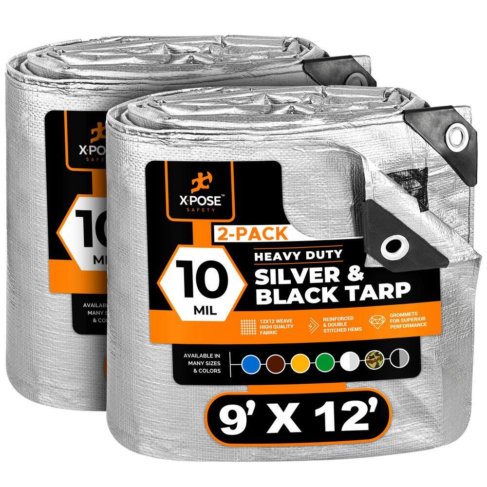XPOSE SAFETY 10 mil 9 ft. W x 12 ft. L Silver and Black Heavy Duty Tarp ...