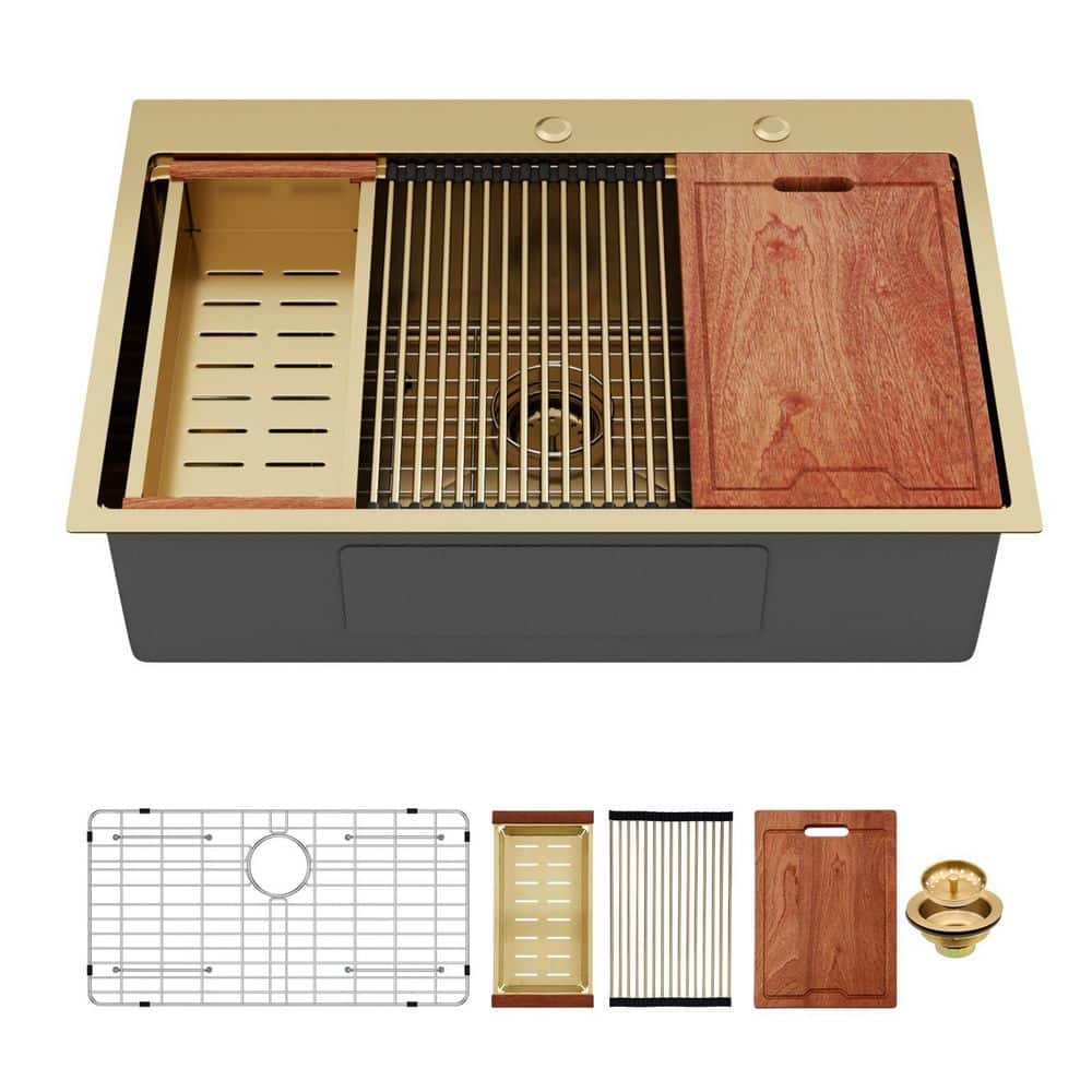 Qidian 36 in. Drop-In Single Bowl 16-Gauge Gold Stainless Steel ...