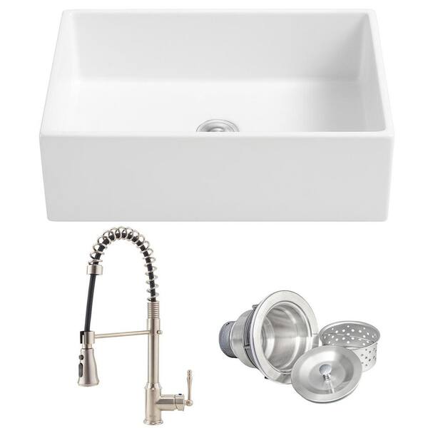 AKDY White Fireclay 33 in. Single Bowl Apron-Front Workstation Kitchen ...