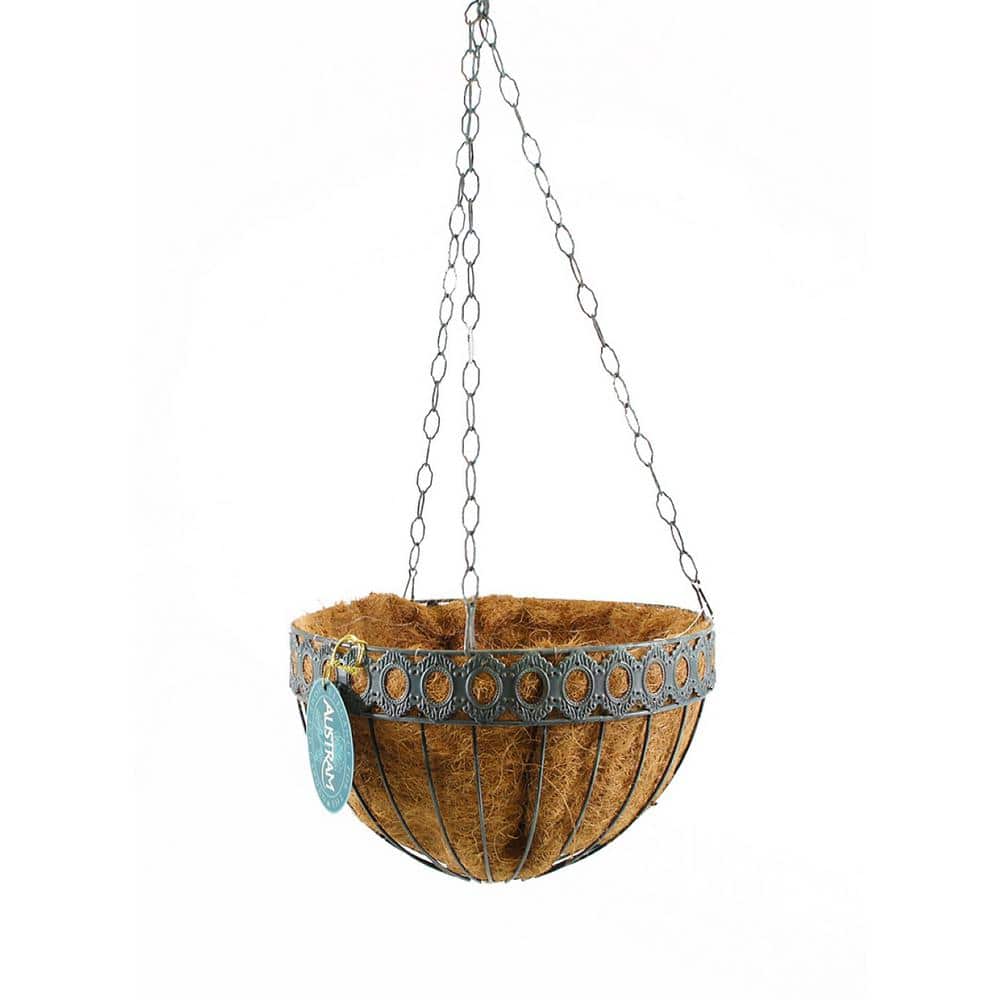 AUSTRAM Queen Ann 14 in. Green Metal Round Hanging Planter with Coco ...