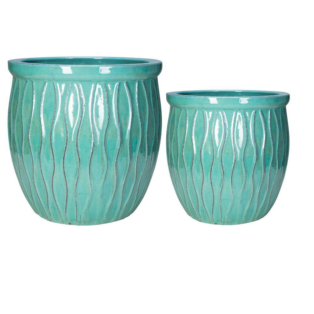 9.4, 13 in. St of 2 Corriente Clay Fishbowl Planters-Turquoise BB-100S2 ...