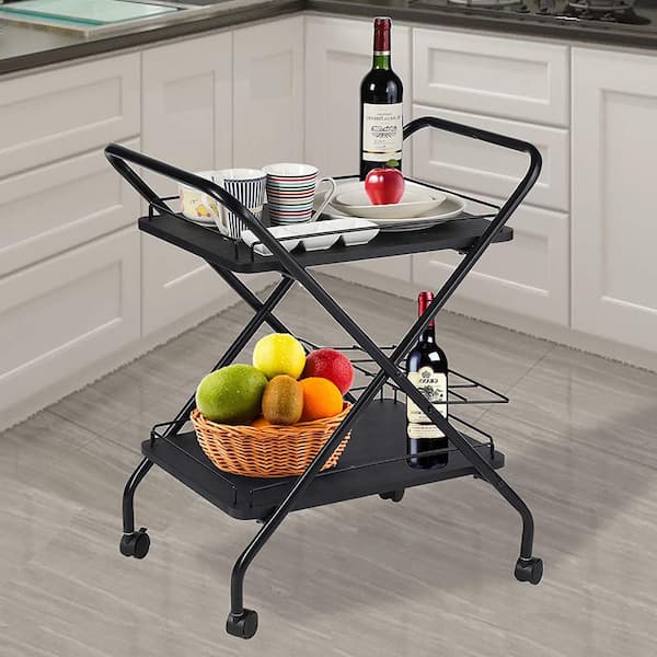 FUNKOL Black Metal Kitchen Cart with Wine Rack and Lockable Wheel ...