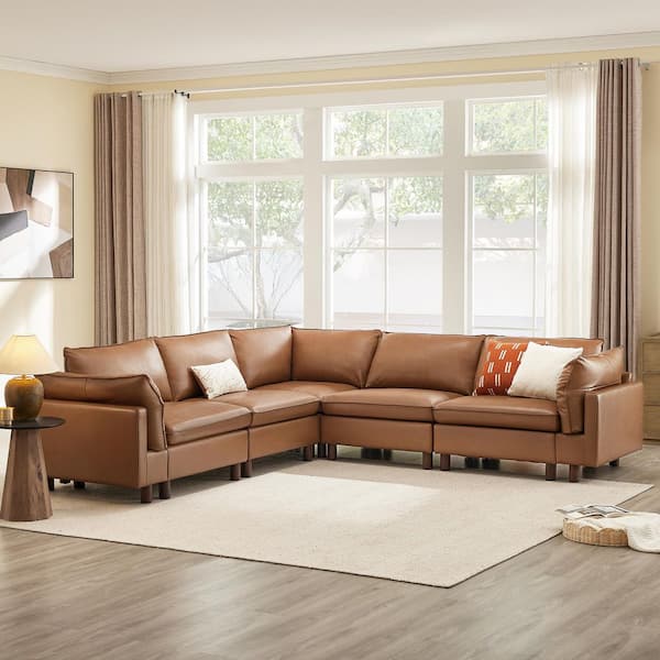 Spruce & Spring Xavier 118.1 in. 6-Piece Leather Modern Corner Modular ...