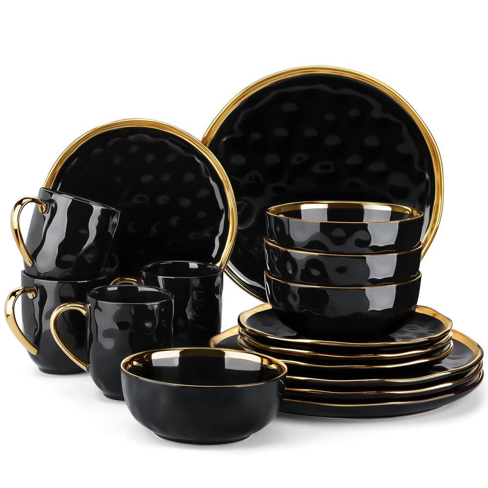 LOVECASA 16-Piece Black Porcelain Dinnerware Set Service for 4-Gold Rim ...
