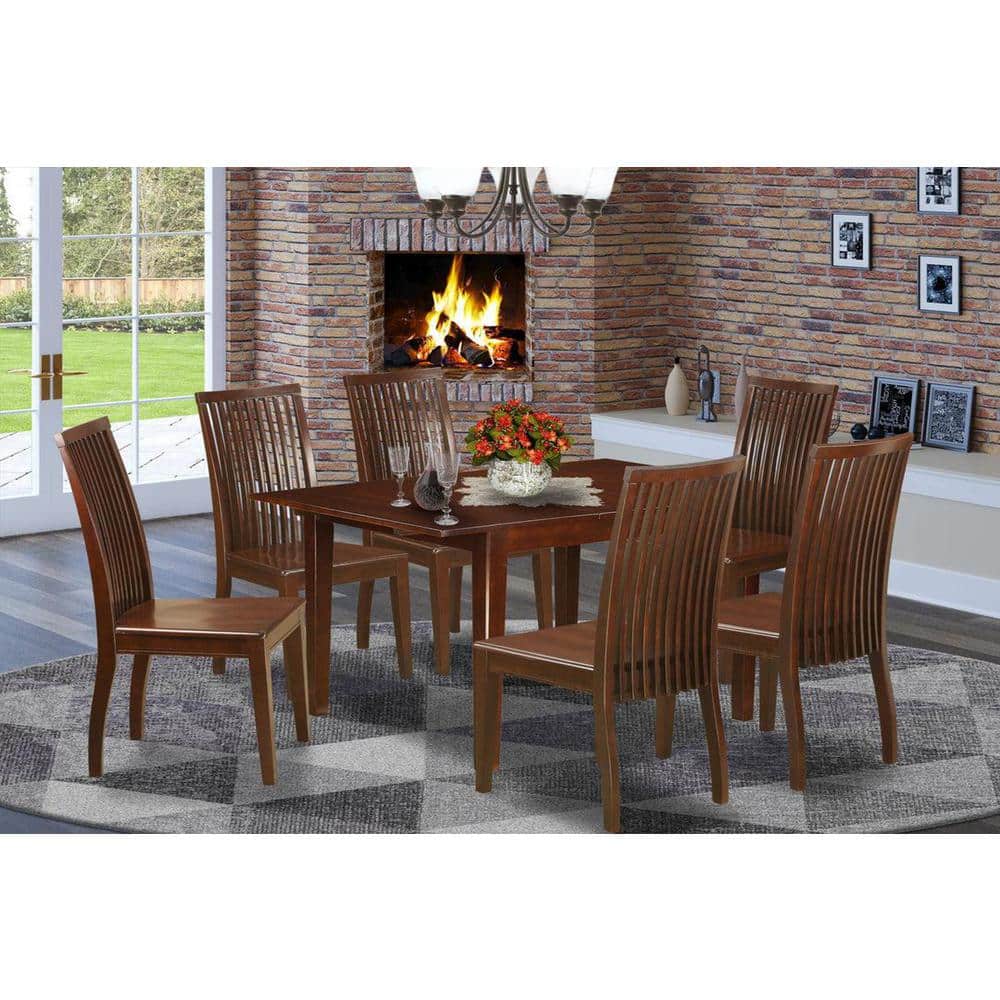 East West Furniture 7-Piece Mahogany Finish Solid Wood Top Dining Table ...