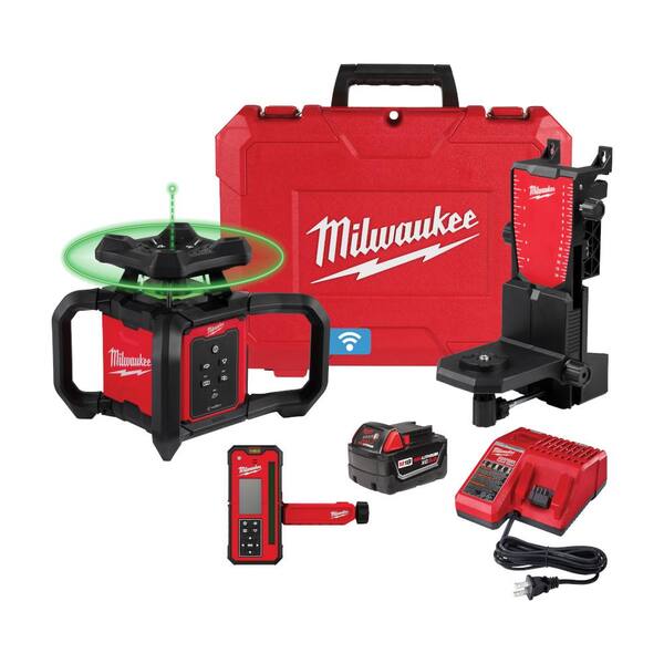 Milwaukee M18 1000 ft. Green Interior Rotary Laser Level Kit with ...