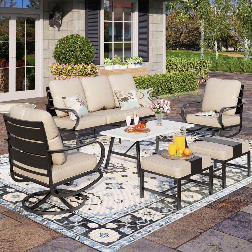 PHI VILLA Black Slatted 7-Seat 6-Piece Metal Outdoor Patio Conversation ...
