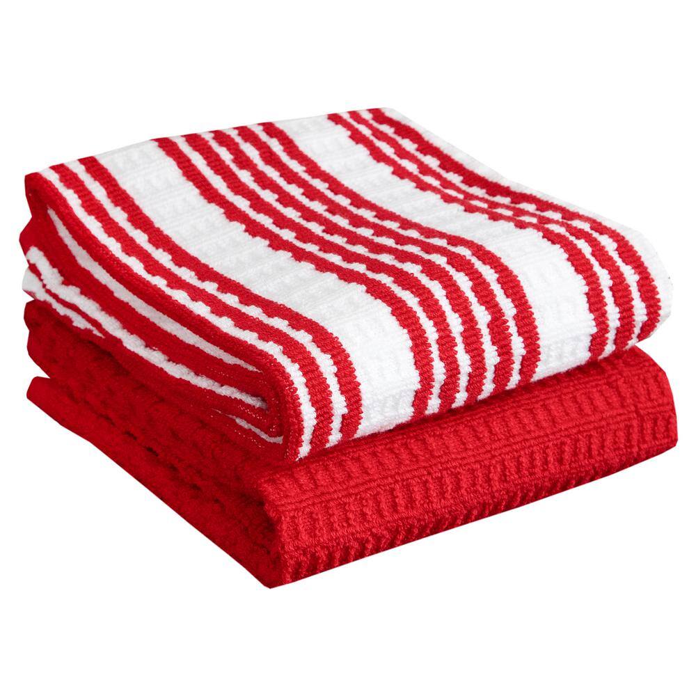 T-fal Red Solid and Stripe Waffle Cotton Kitchen Towel Set of 2 94648 ...