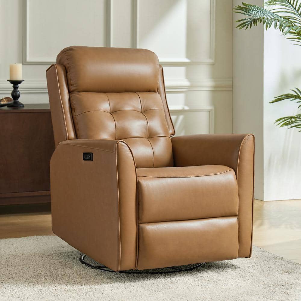 JAYDEN CREATION Ofelia Camel Modern Genuine Leather Swivel Rocking ...