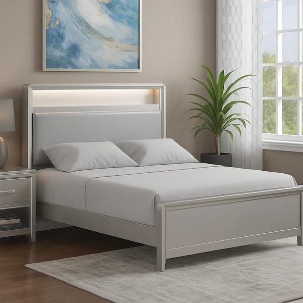 Benjara Broy Silver Wood Frame Queen Panel Bed with Transitional Panel ...