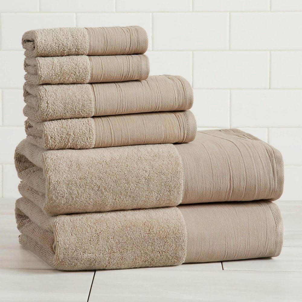 FRESHFOLDS Stone Ultra-Soft Cotton Linen-Like Border 6 Piece Towel Set ...