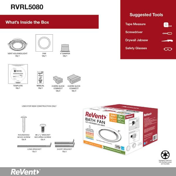 ReVent 50-80 Adjustable CFM Easy Install Roomside Bathroom/Bath Exhaust ...