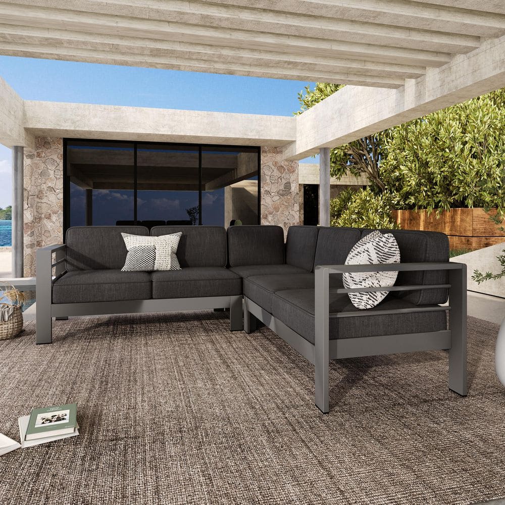 Sudzendf 3-Piece Aluminum Outdoor Sectional Set with Black Cushions ...