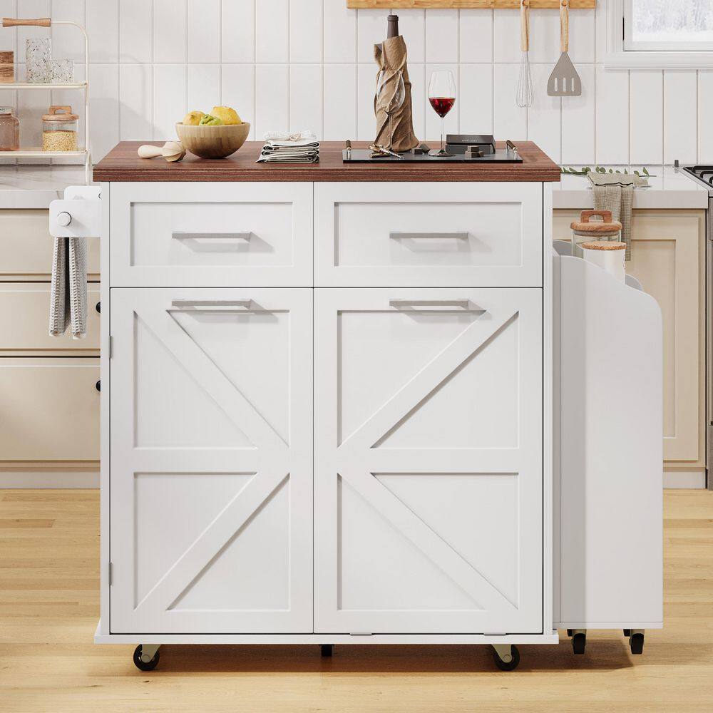 Farmhouse White Wood 47 in. Kitchen Island with Removable Side Racks ...