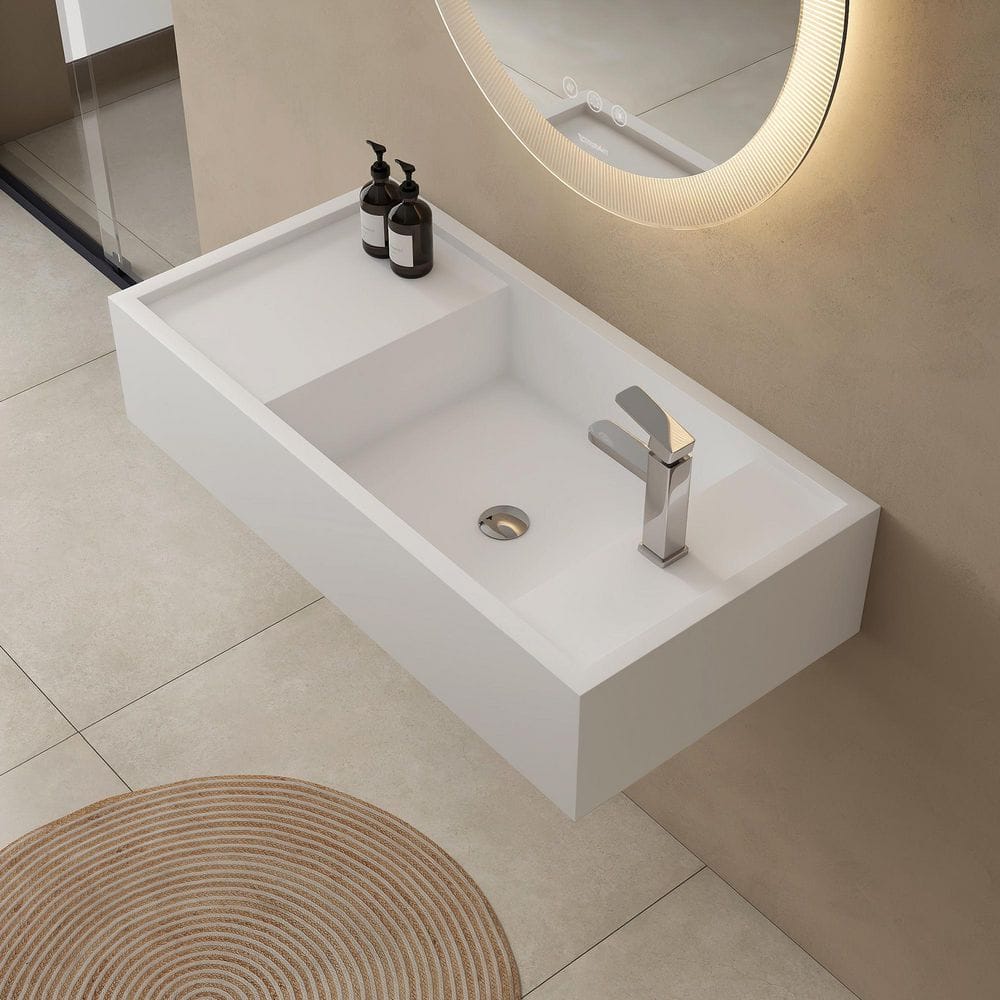 SJ STAR&JANE Vera 39 in. x 20 in. x 9 in. Solid Surface Wall-Mounted Bathroom Vessel Sink in ...