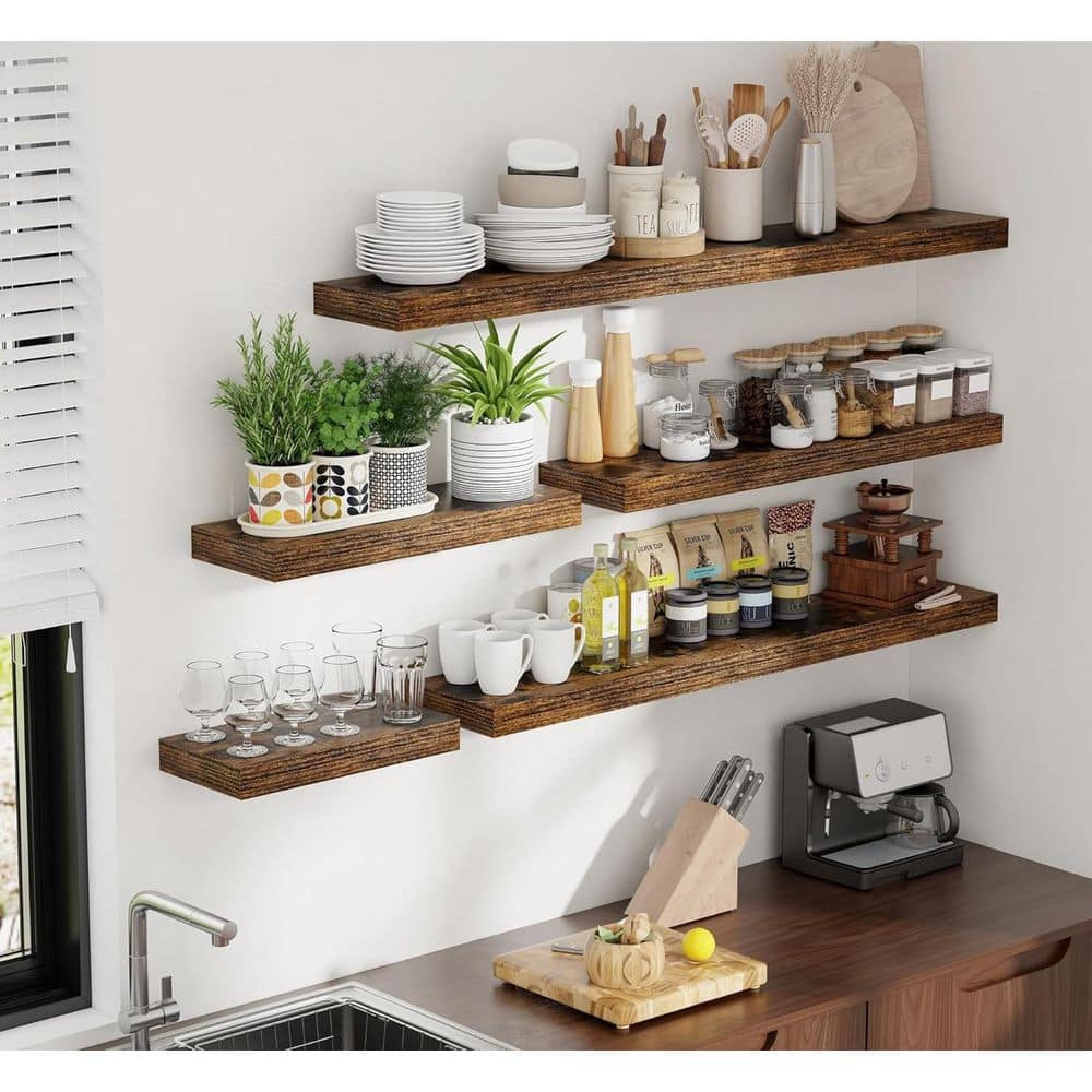 55 in. W x 8 in. D Rustic Brown Floating Shelves for Wall (Set of 2 ...