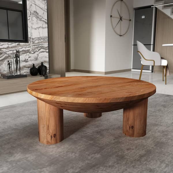 THE URBAN PORT 38 in. Natural Brown Round Mango Wood Coffee Table with 3 Column Pillar Legs UPT 316308