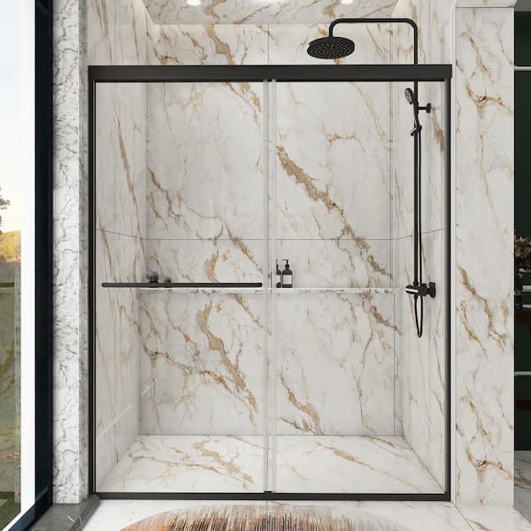 60 in. W x 72 in. H Sliding Framed Shower Door in Matte Black Finish with Clear Glass TYGBSD11 ...