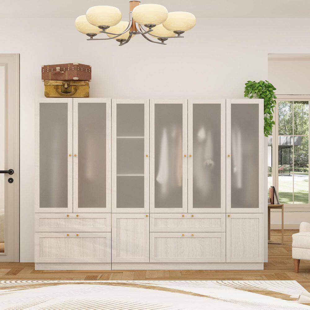 FUFU&GAGA Light Oak Wood 94.5 in. Bedroom Armoire with Frosted Glass Doors, Hanging Rod, Jewelry ...