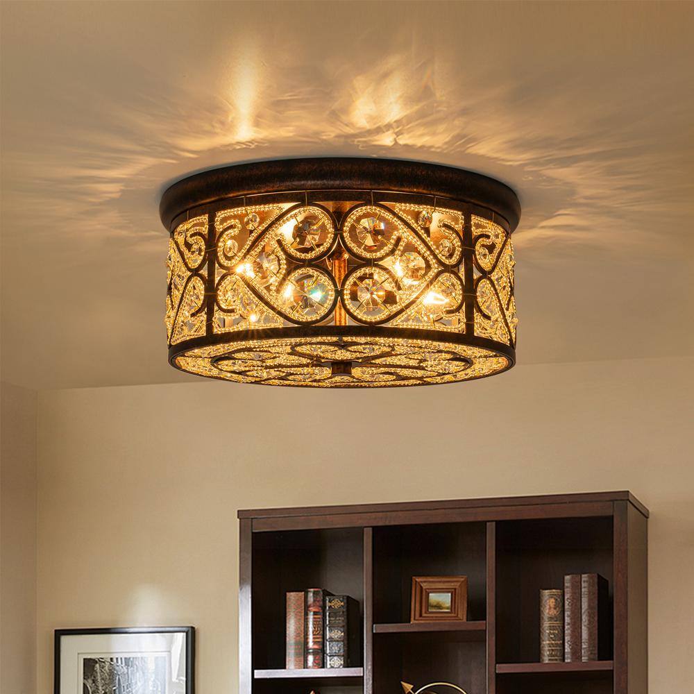 HUOKU Iridescent 13.8 in. W 4-Light Antique Copper Glam Flush Mount ...