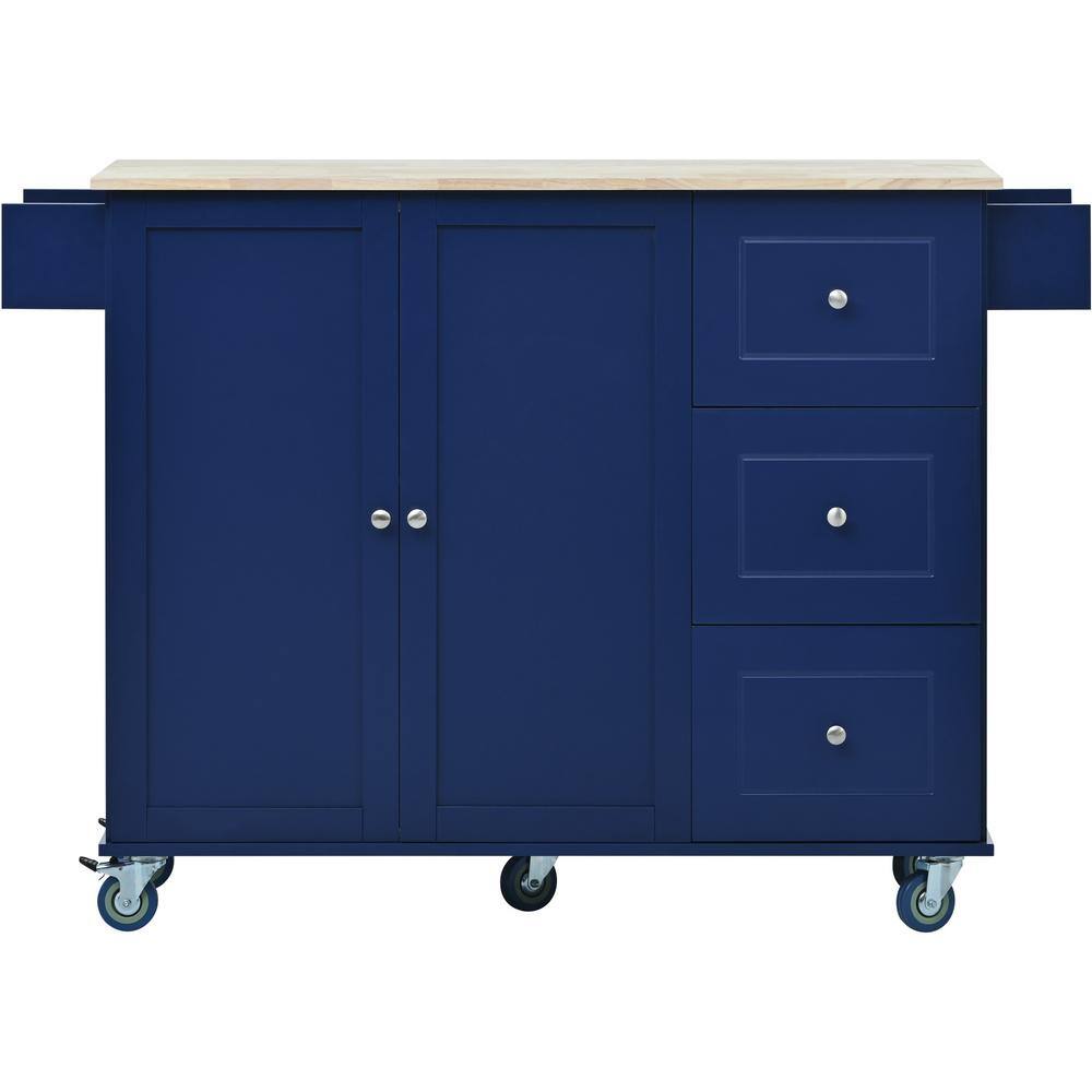 FUNKOL Solid Wood Top 36.8 in.. Blue Kitchen Island Cart with 2-Doors 3 ...