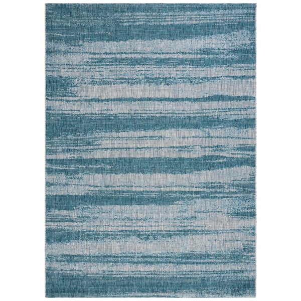 SAFAVIEH Courtyard Gray/Teal 8 ft. x 11 ft. Blurred Striped Indoor ...