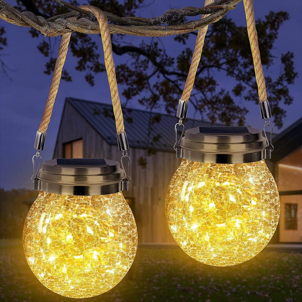 Sunocity 2 Pack Solar Lantern Crackle Glass Ball, Garden Hanging Solar ...