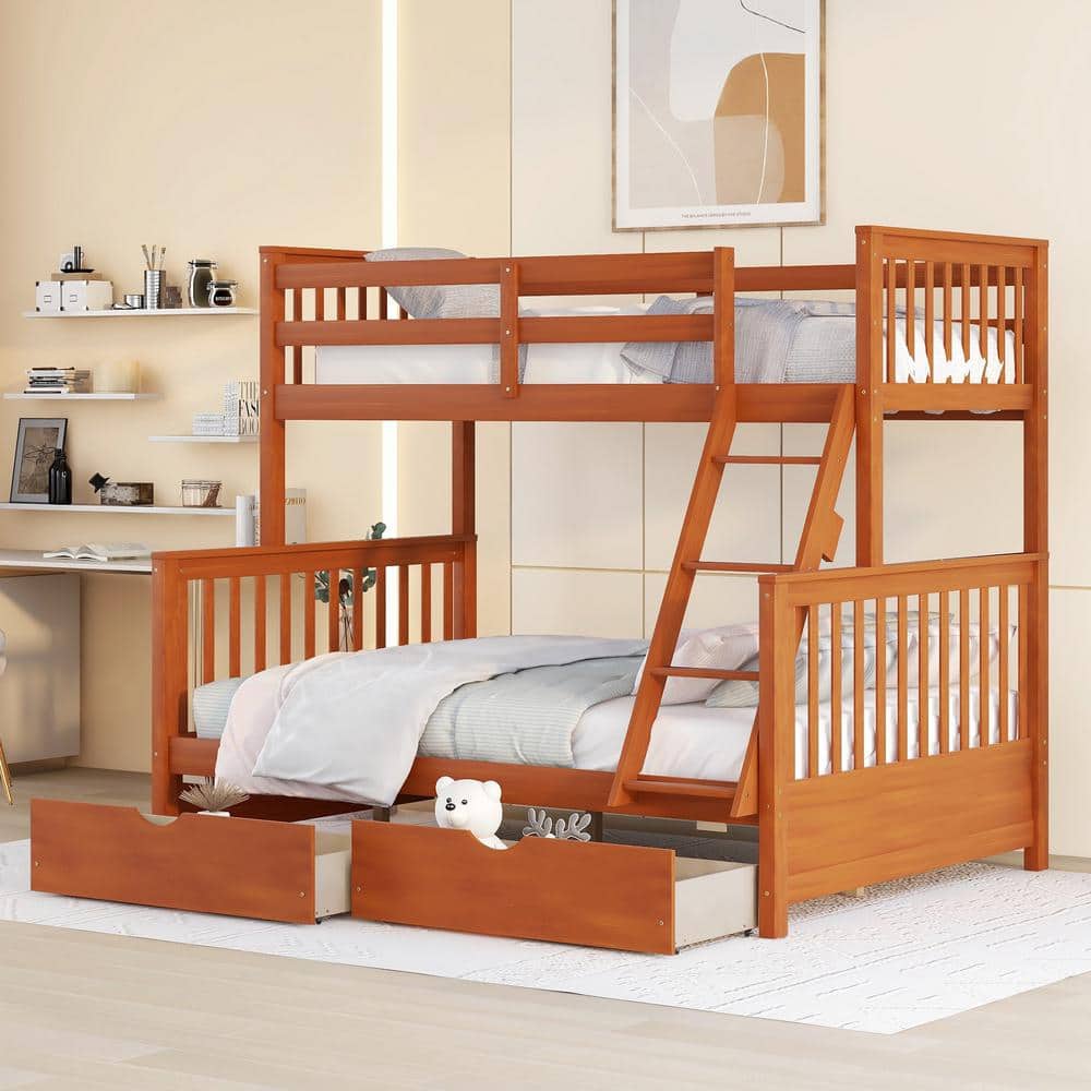 Polibi Twin-over-Full Bunk Bed with Ladders and Two Storage Drawers ...