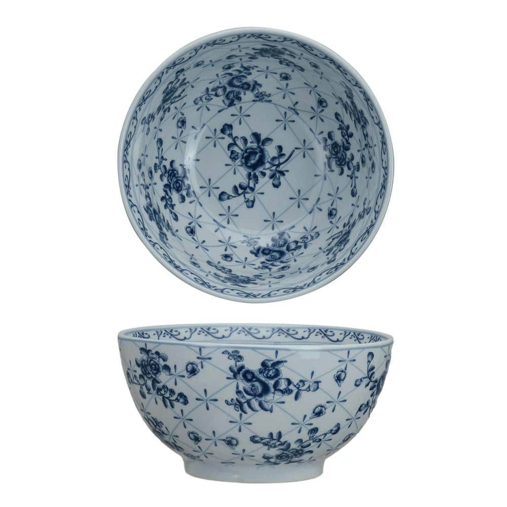 Storied Home 10 in. 107 fl. oz. Blue and White Floral Stoneware Serving ...