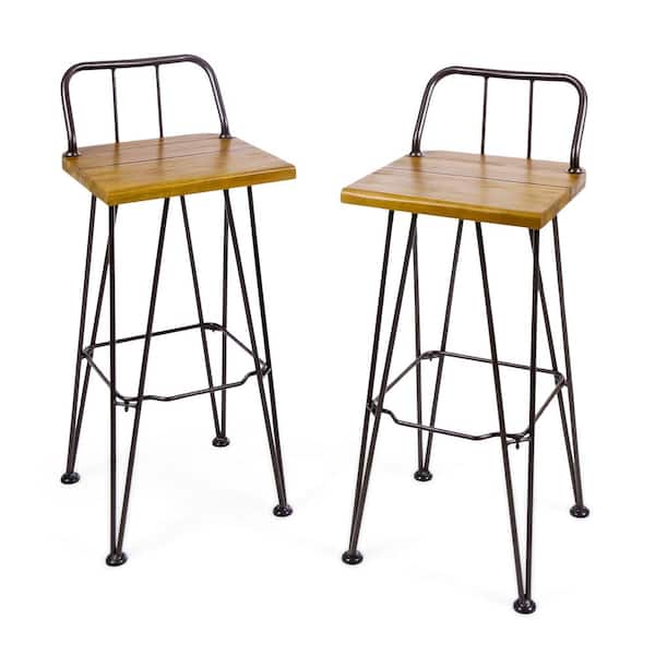 Zeus & Ruta 2-Piece Black Metal Acacia Wood Outdoor Bar Stool QR-977 ...
