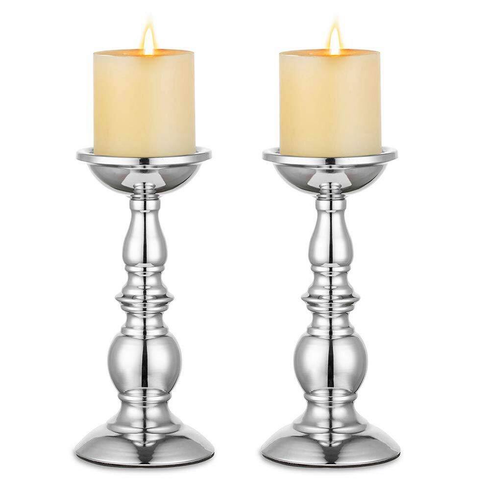 2-Piece Silver Metal Pillar Candle Holders Wedding Centerpieces for 3 ...