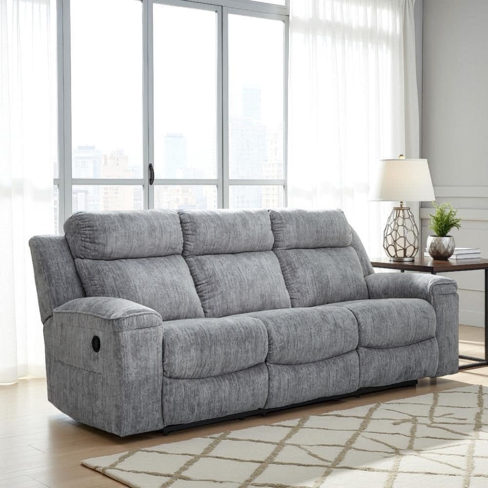 Benjara Benson 87 in. Straight Arm Polyester Rectangle Sofa in Gray ...
